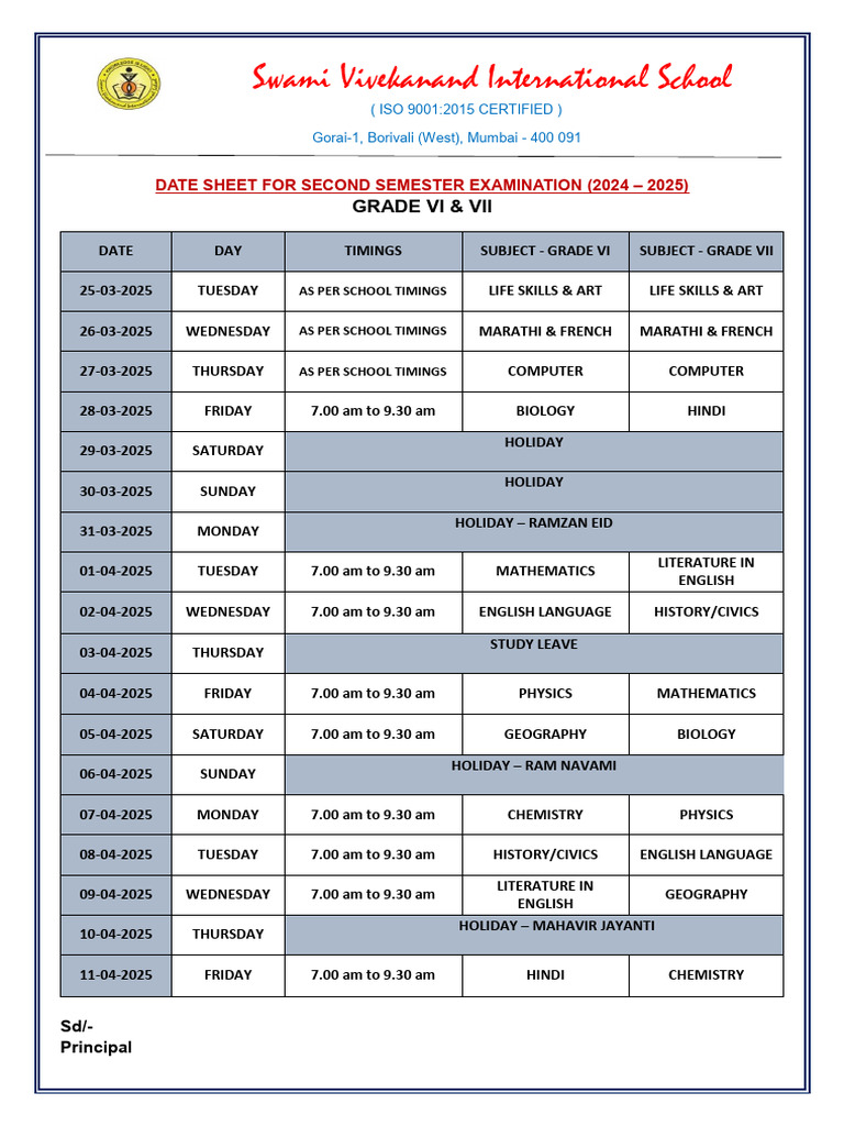 Second Semester Date Sheet Grade VI VII AY 2024-25 | PDF