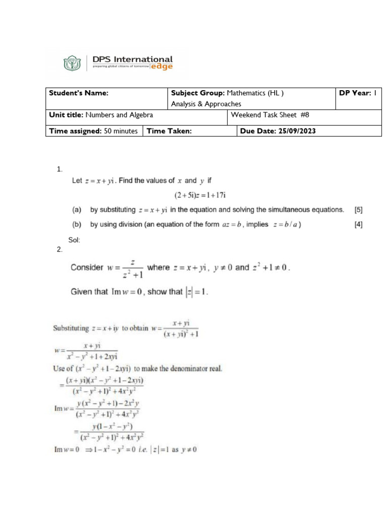 DP 1 AA HL Term 1 Tasksheet 8 Exemplar | PDF