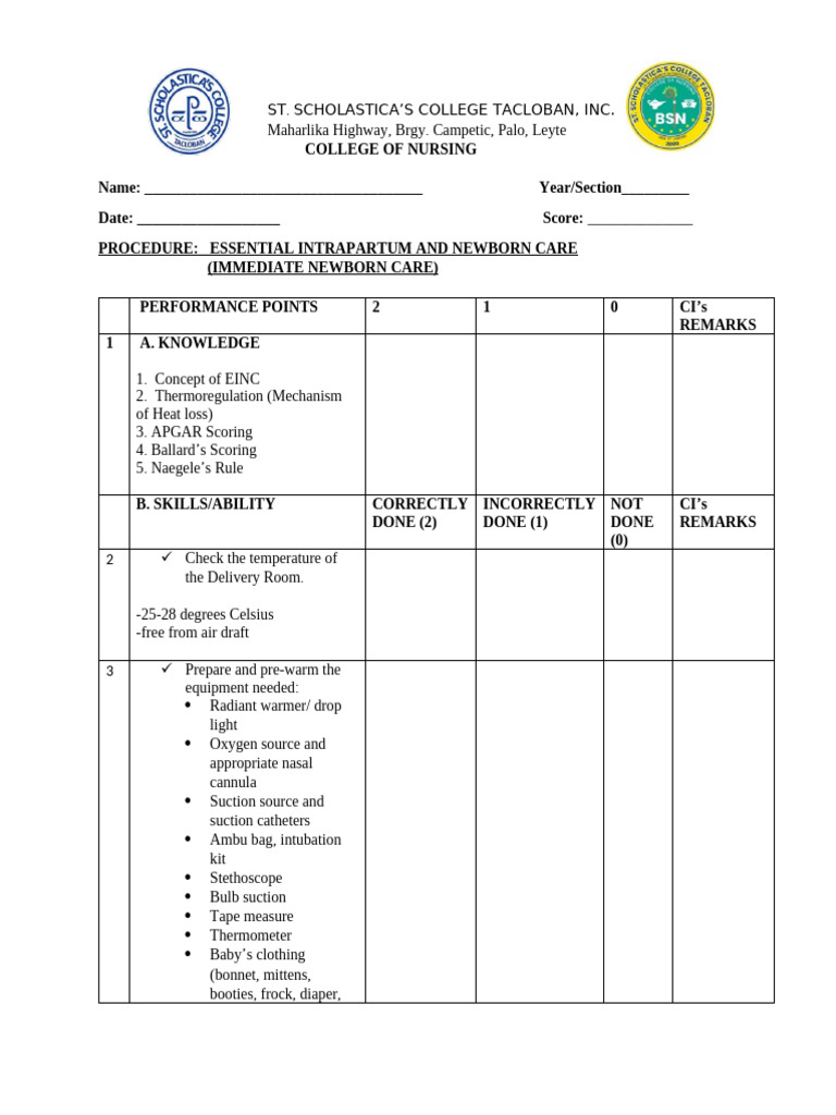 Essential Intrapartum Care Checklist | PDF | Infants | Breastfeeding