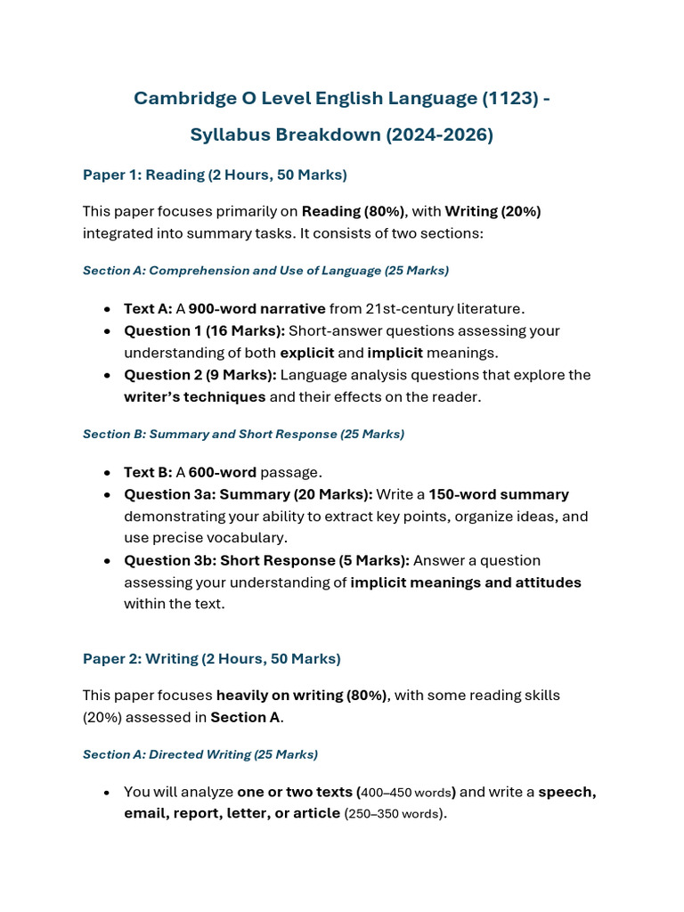 Cambridge O Level English 1123 Syllabus 2024-2026 | PDF