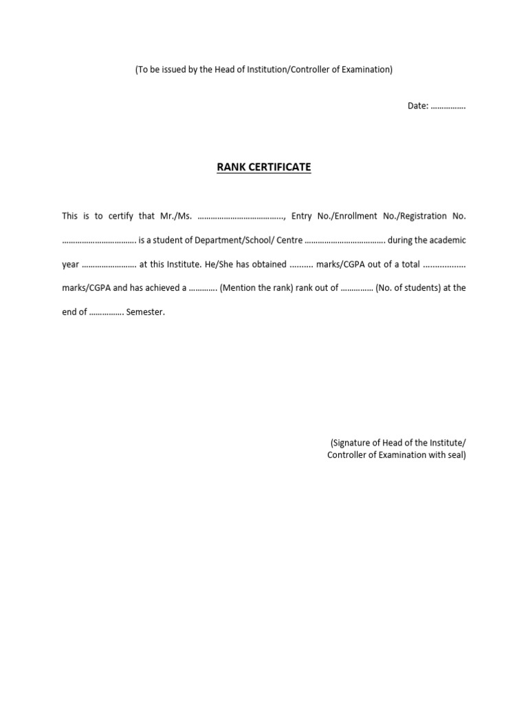 Rank Certificate Format for Students | PDF
