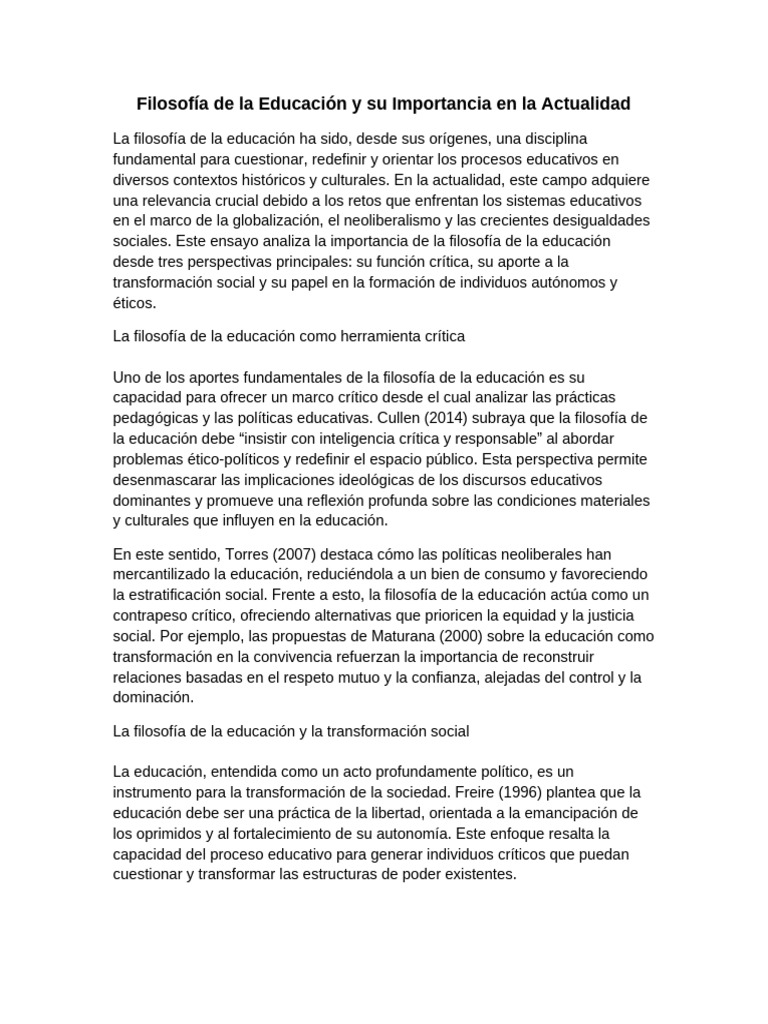 Filosofia de La Educacion | PDF | Educación en artes liberales