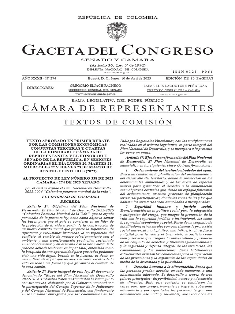 Gaceta - 274 Plan de Desarrollo Colombia 2022-2026 | PDF | Presupuesto ...