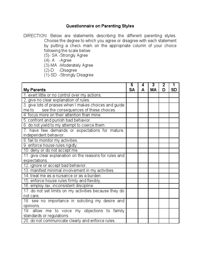 Questionnaire On Parenting Styles | PDF