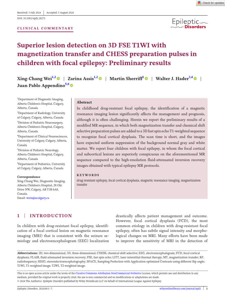 Epileptic Disorders - 2024 - Wei - Superior Lesion Detection on 3D FSE T1WI With Magnetization ...