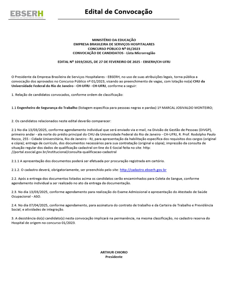 Edital #1019-2025 - CH-UFRJ - Concurso Nacional 01-2023 - Lista ...