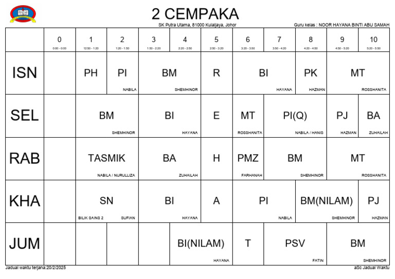Jadual Waktu 2 Cempaka, Siri 1 (2025) | PDF