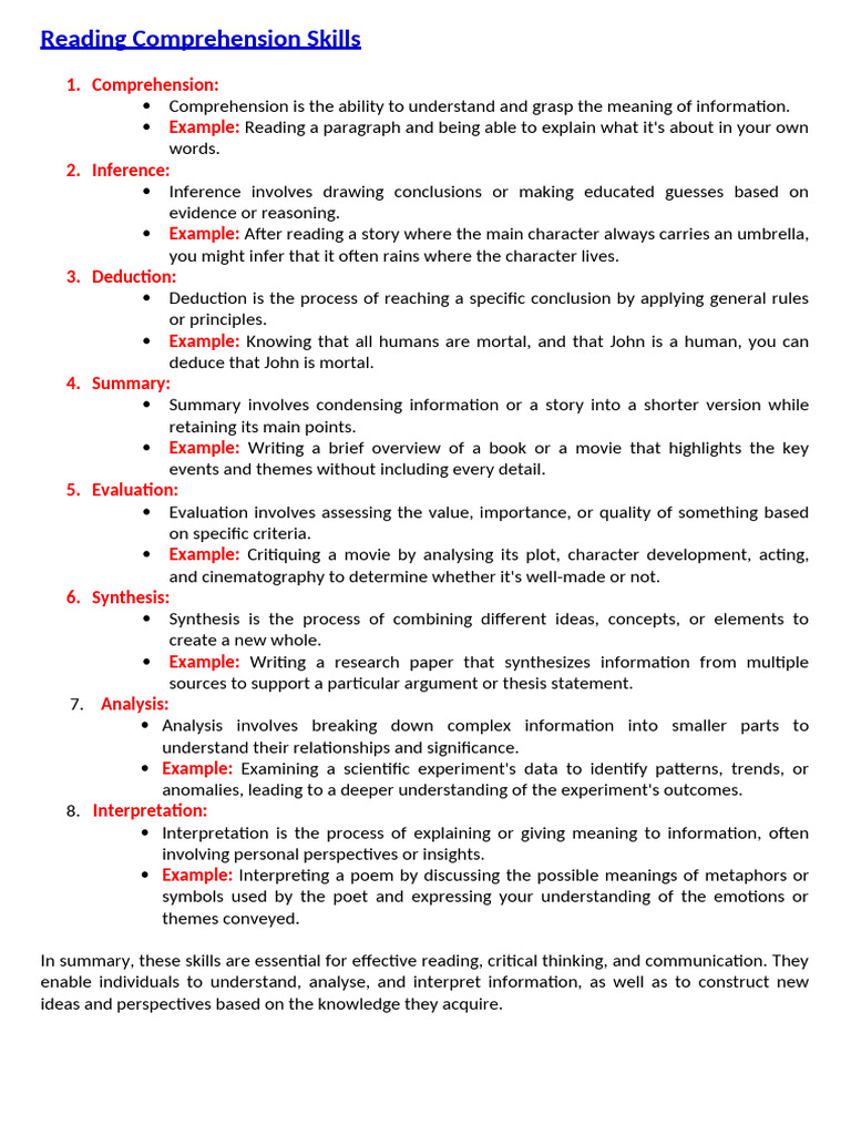 Reading Comprehension Skills | PDF | Reading Comprehension | Information