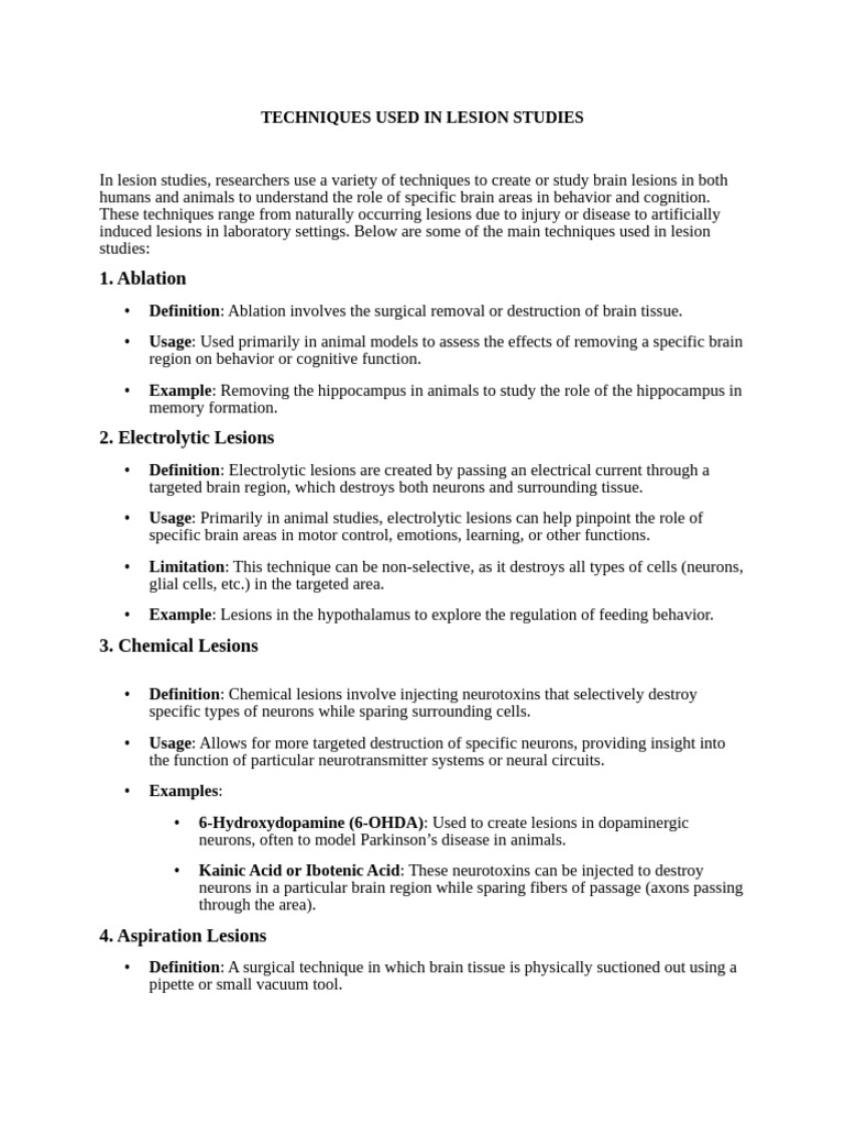 Techniques Used in Lesion Studies | PDF | Brain | Neuron