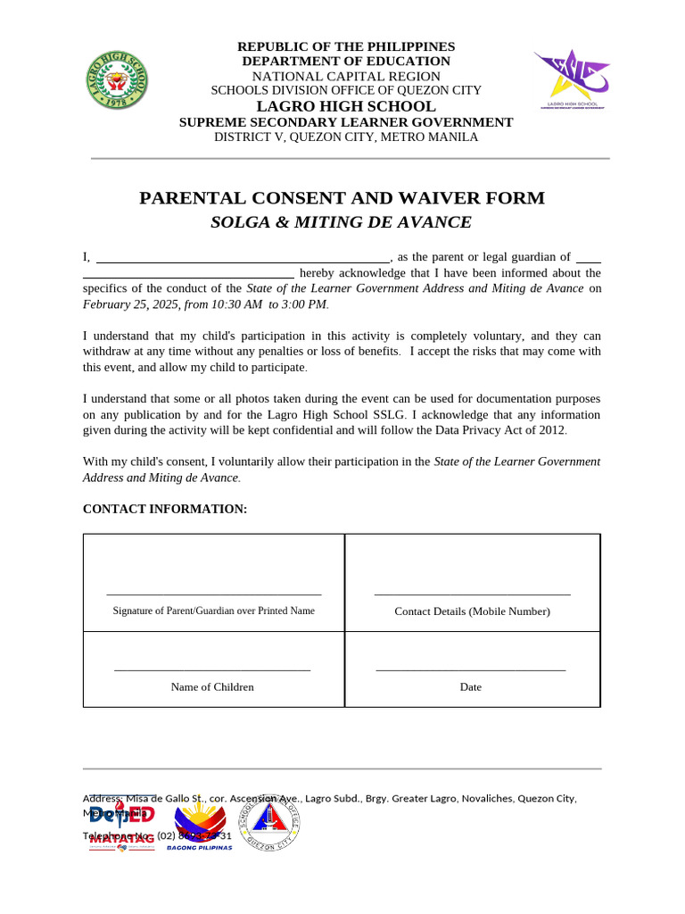 Parental Consent Form for SSLG Event | PDF