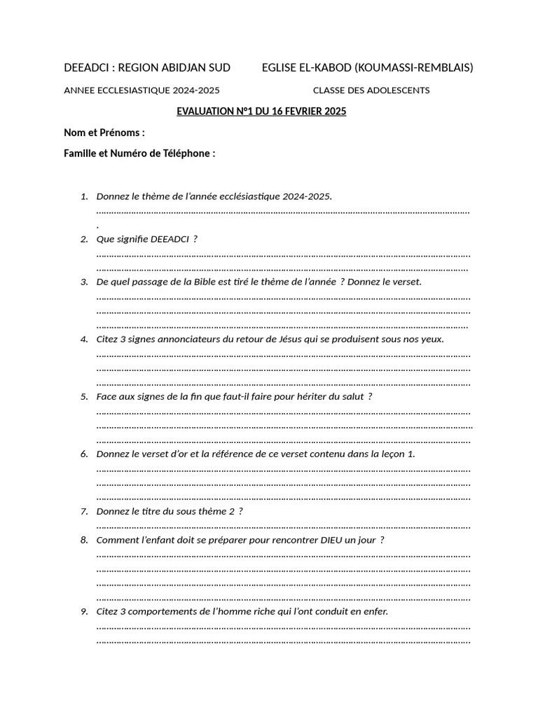 Evaluation N°1 (Classe Des Adolescents 2025) | PDF