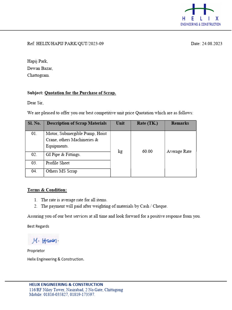 Scrap Purchase Quotation Format | PDF