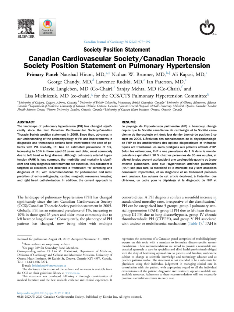 FINAL - CCS - CTS PAH Statement July 2020 | PDF | Heart | Echocardiography