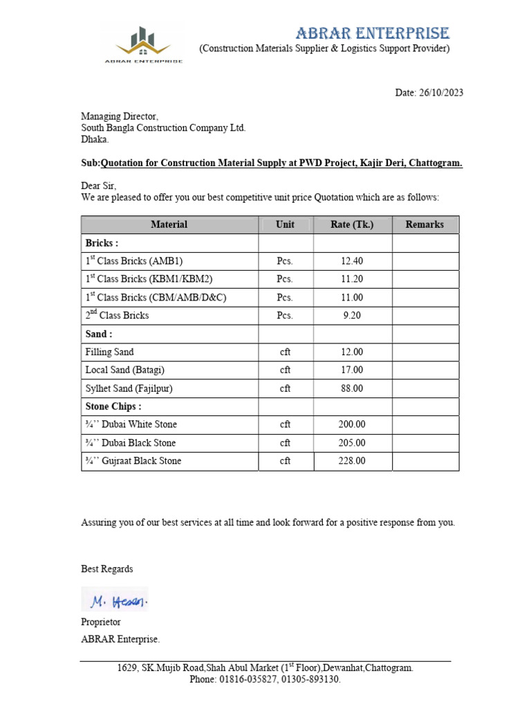 Construction Material Quotation for PWD Project | PDF