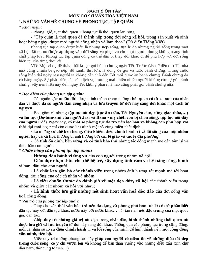 GỢI Ý ÔN TẬP CSVH Việt Nam 2024 | PDF