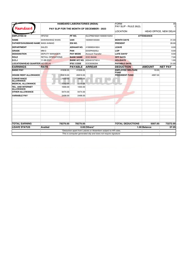 December 2023 Pay Slip - HAMDARD LABS | PDF | Taxation | Taxes