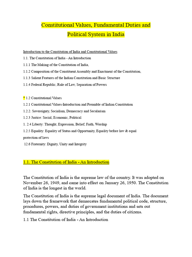 Indian Constitution: Values & Duties | PDF | Rule Of Law | Constitution