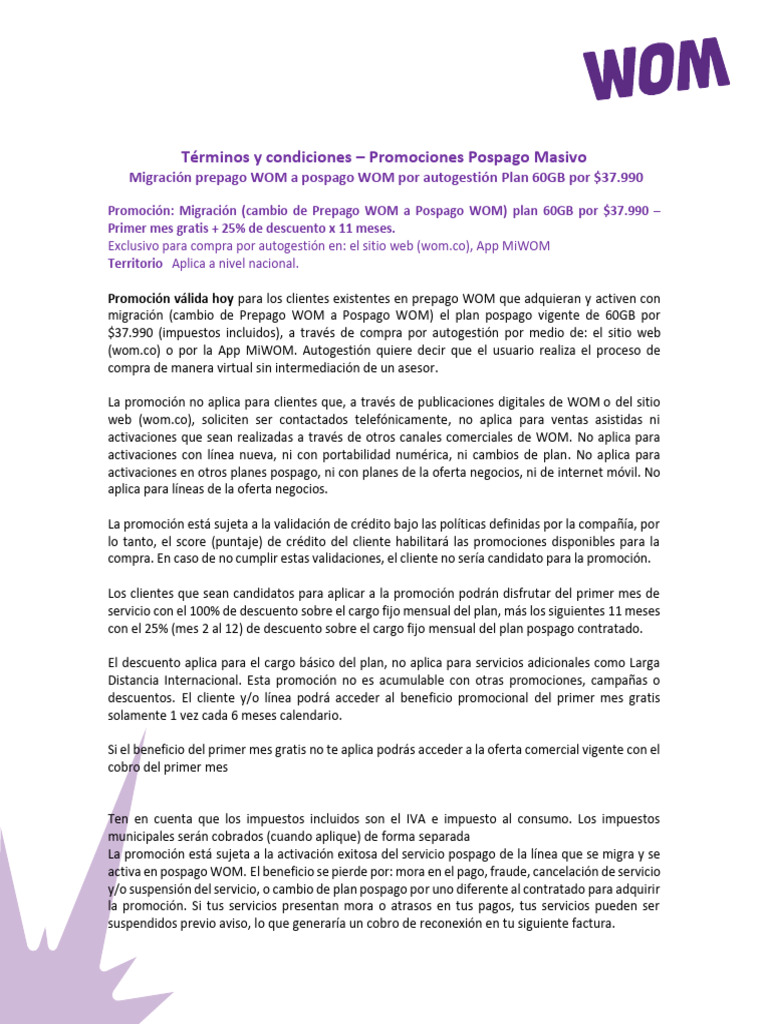 T Rminos y Condiciones Migraci N Prepago A Pospago - Autogesti N Ecommerce Plan M60GB | PDF ...