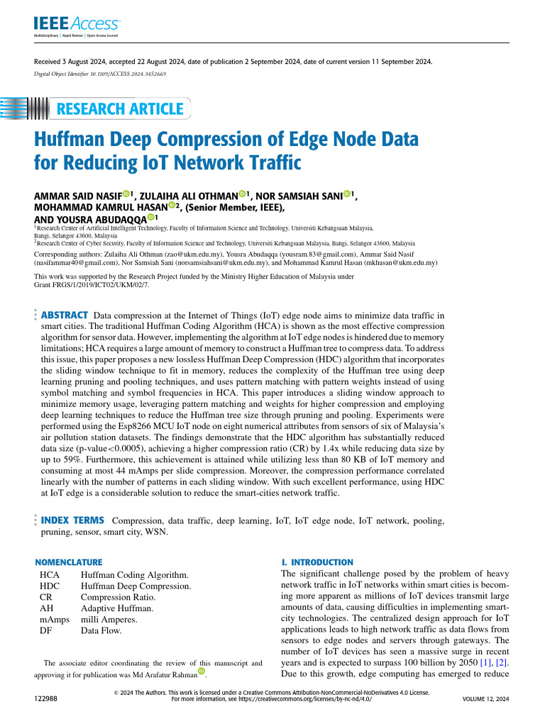 Huffman Deep Compression of Edge Node Data For Reducing IoT Network Traffic | PDF | Data ...