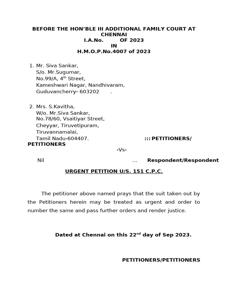 Urgent Petition Under CPC 151 | PDF