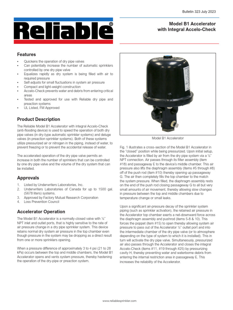Reliable Accelerator Model B1 | PDF | Valve | Fire Sprinkler System