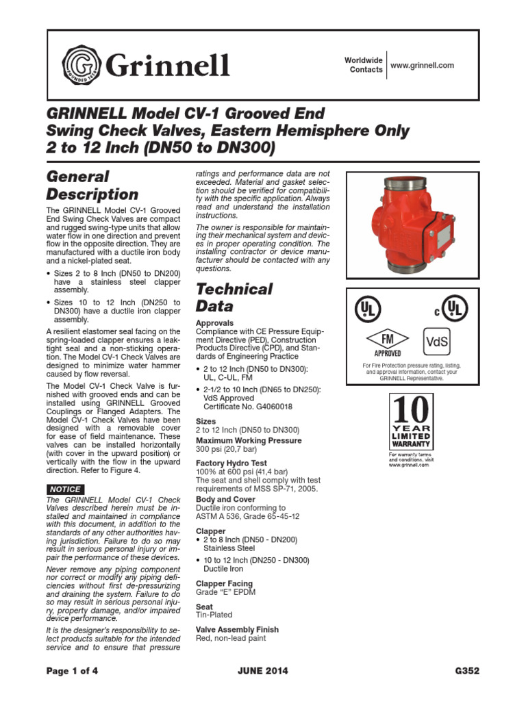 Tyco CV-1 Swing Check Valves Overview | PDF | Valve | Mechanical ...