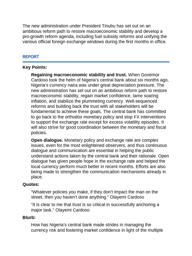 The New Administration Under President Tinubu Has Set Out On An Ambitious Reform Path To Restore ...