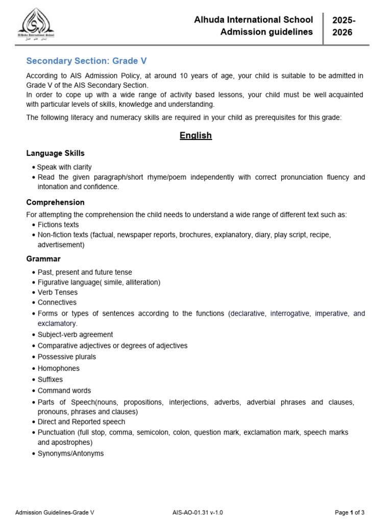 Admission-Guidelines-Grade-V-2025-2026 | PDF | Multiplication | Verb