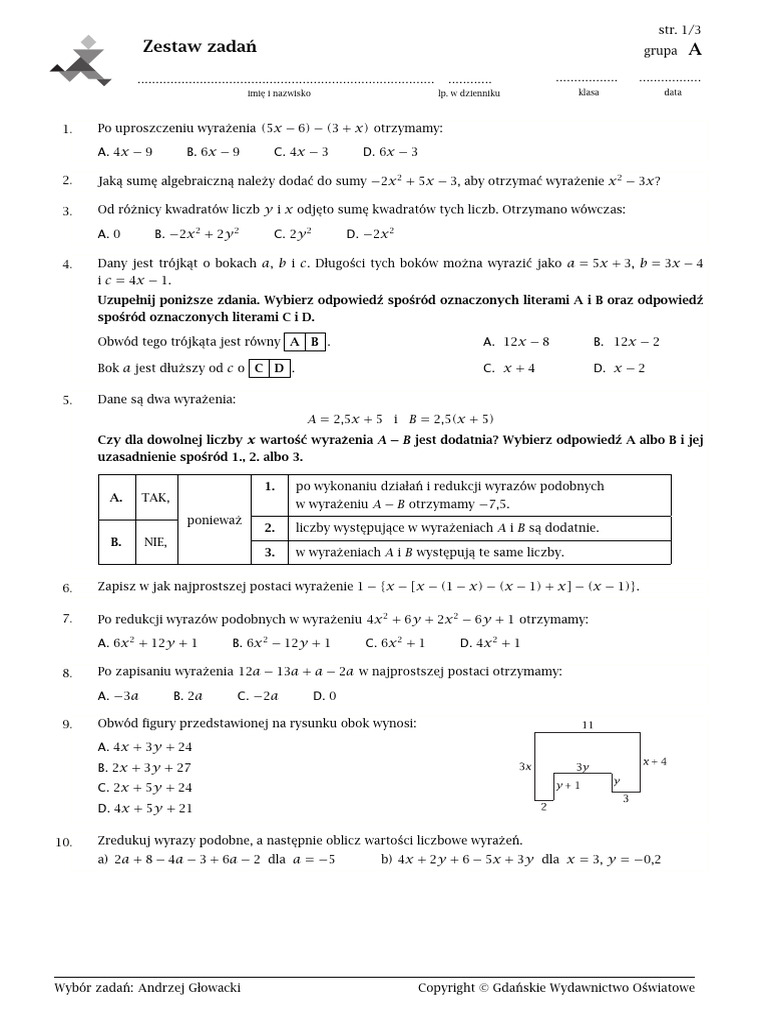 Zadania 7c Wyrazenia Algrabriaczne | PDF