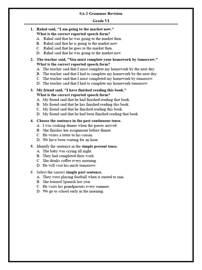 G6 SA2 Grammar Revision Sheet | PDF | Verb | Syntax
