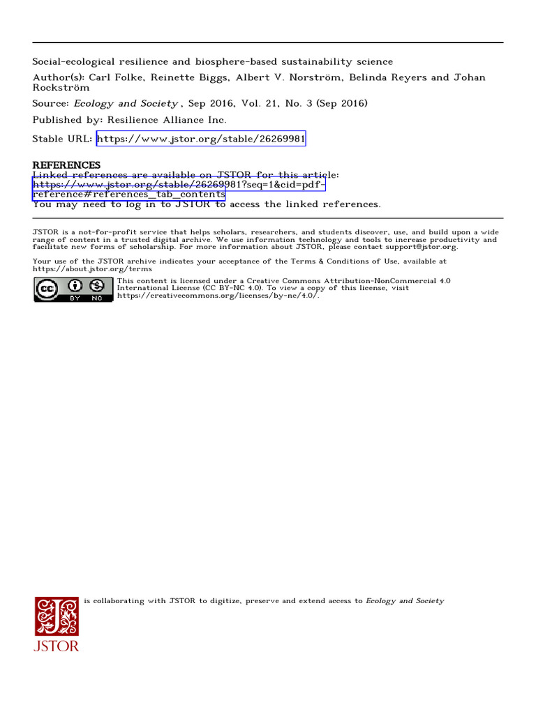 Folke Socialecologicalresiliencebiospherebased 2016 | PDF | Ecological Resilience | Sustainability