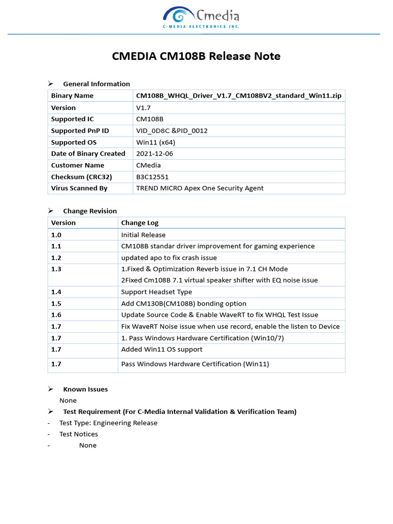 CM108B Driver Release Notes for Win11 | PDF