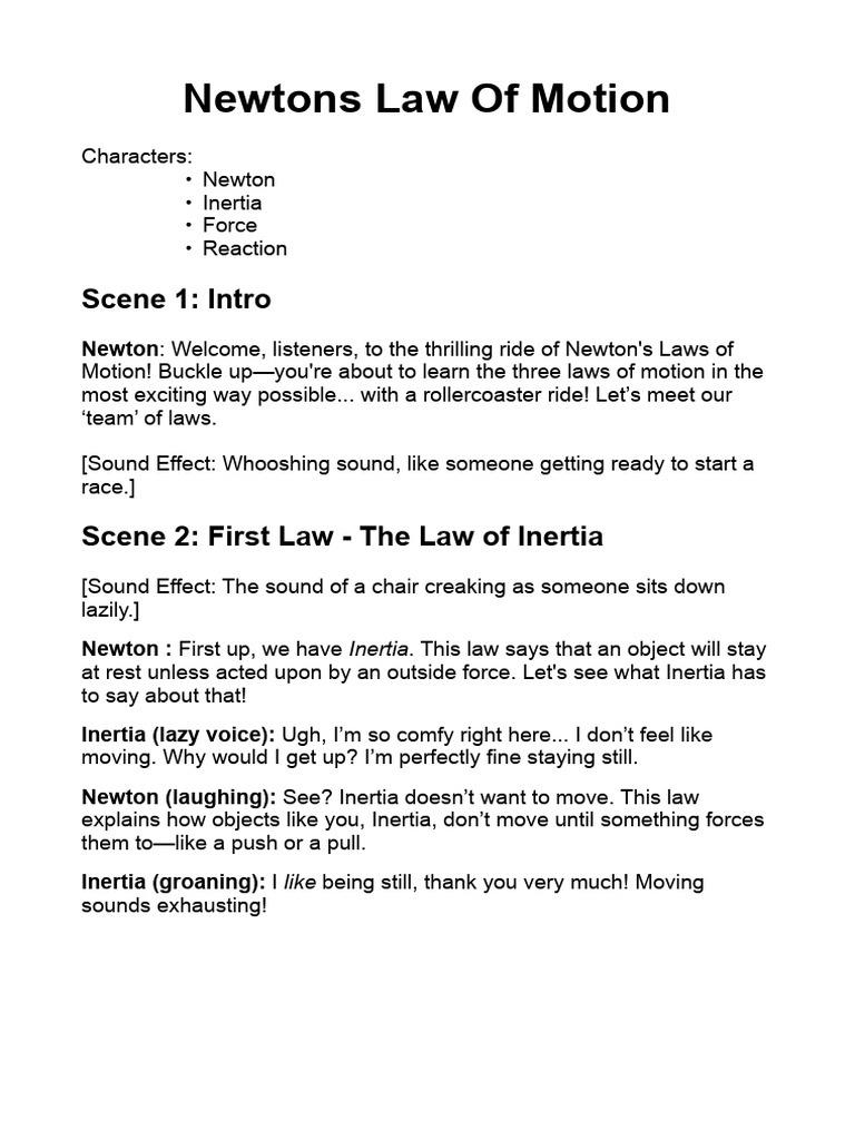 Skit - Newtons Law of Motion | PDF | Force | Inertia