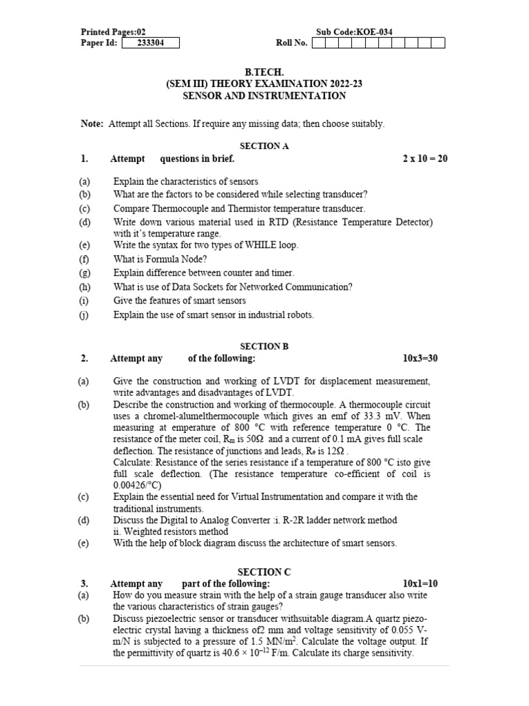 B.Tech Exam: Sensor & Instrumentation | PDF | Electrical Engineering ...