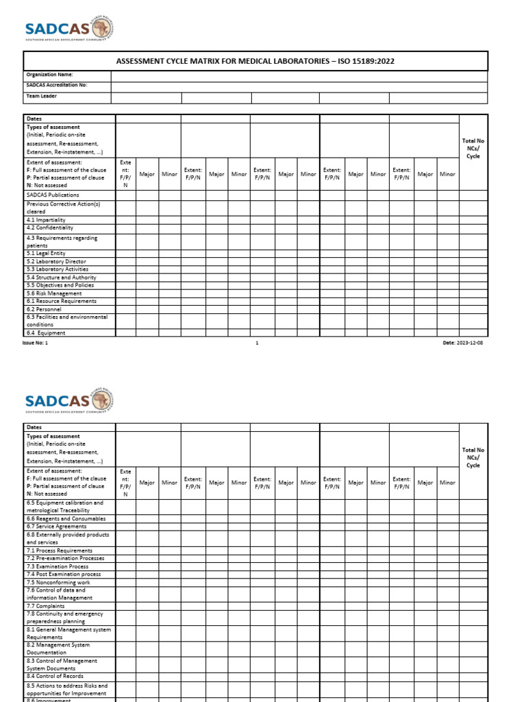 SADCAS F 134 (C) - Assessment Cycle Matrix For Medical Laboratories ...