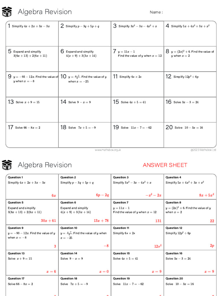 Algebra Revision-worksheet | PDF | Algebra | Mathematics