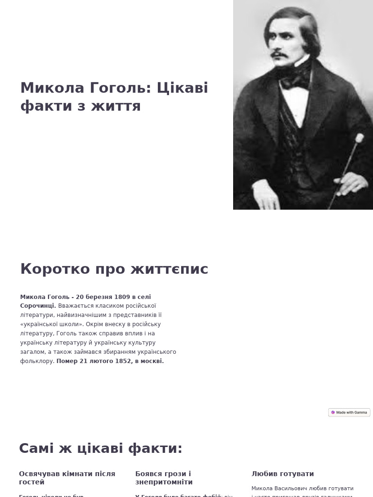 Mikola Gogol Cikavi Fakti z Zhittya | PDF
