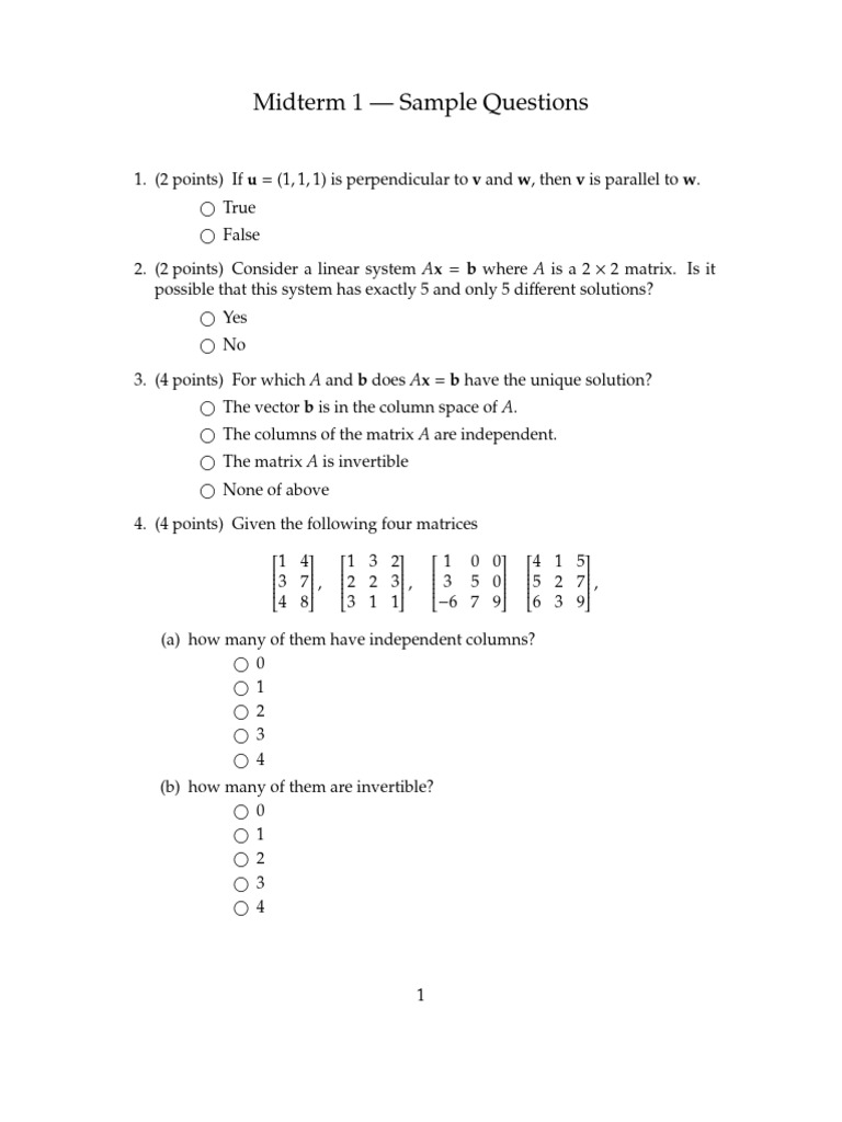 Midterm 1 Sample Questions on Linear Algebra | PDF | Matrix ...