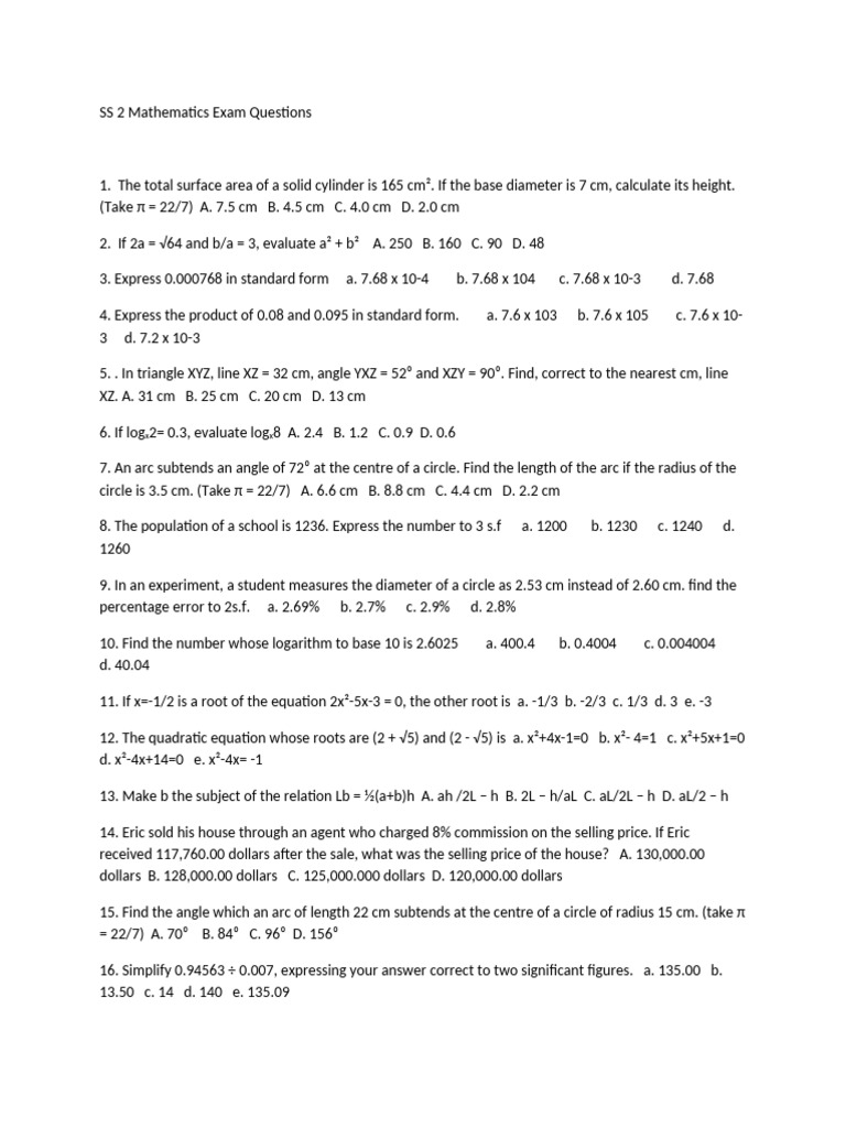 SS2 Mathematics Exam Questions Term 2 | PDF | Mathematics | Elementary ...