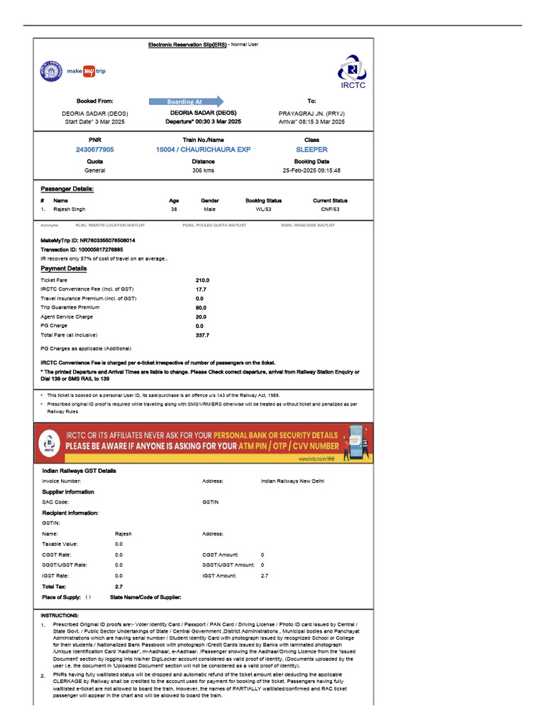 IRCTC Train Ticket: Deoria Sadar to Prayagraj | PDF | Identity Document