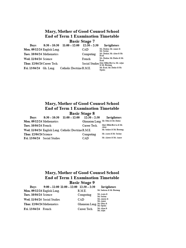 End of Term 1 Exam Timetable 2024 | PDF