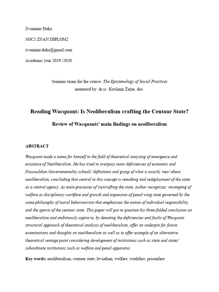 Wacquant's Neoliberalism and the Centaur State | PDF | Neoliberalism ...