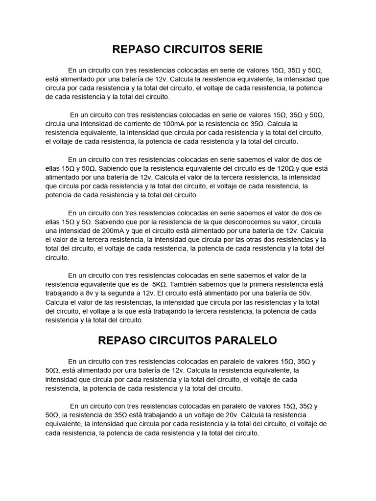 Repaso Circuitos Serie - Paralelo | PDF | Resistencia Eléctrica y ...