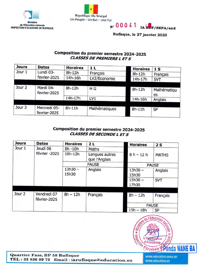 Calendrier Composition 1ère Semestre 2nd L S Et 1ére L S | PDF