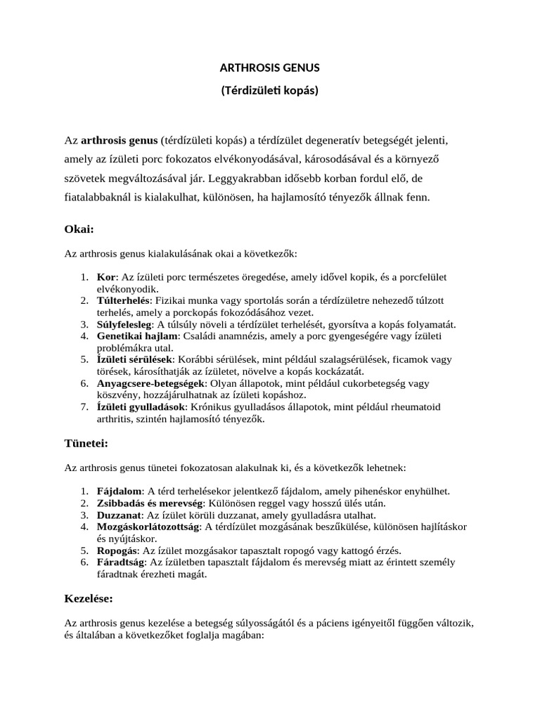 Arthrosis Genus Térdizületi Kopás | PDF