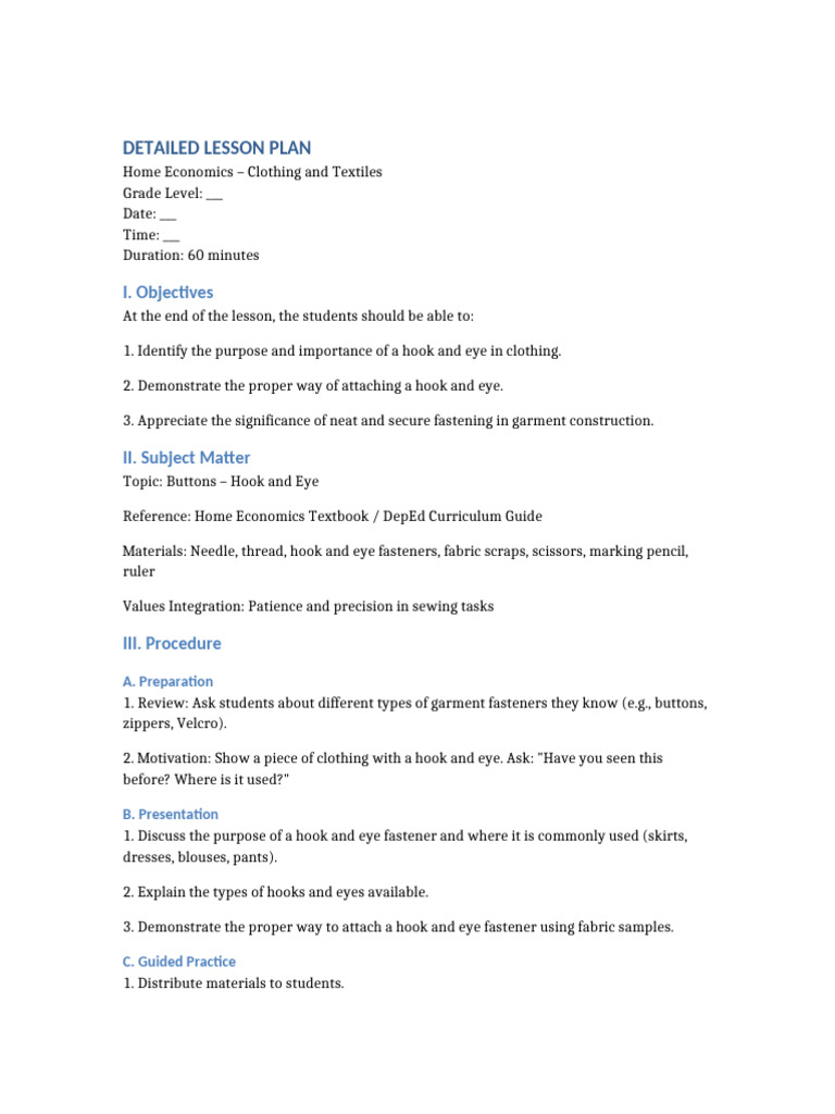 Detailed Lesson Plan Hook and Eye | PDF