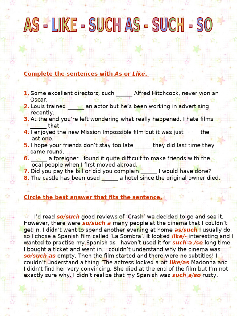 Exercises on "Like" and "Such As" | PDF