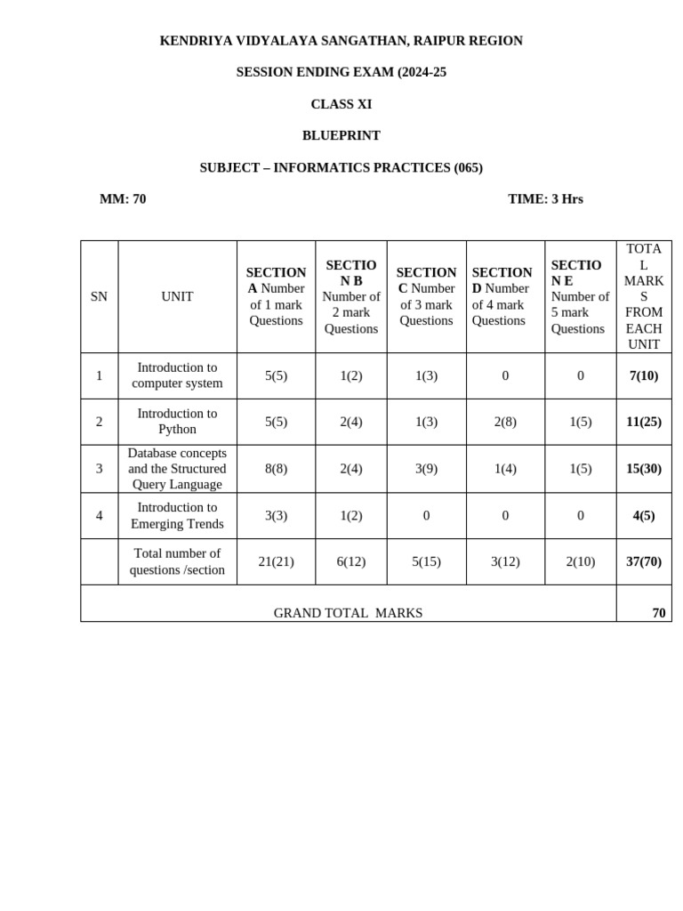 Class XI Informatics Practices Exam Blueprint | PDF