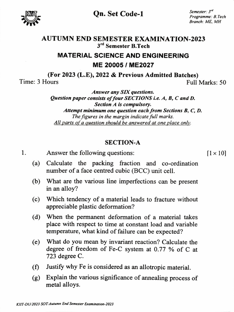 3rd Sem Material Science and Engineering (ME 20005, ME 2027) | PDF ...