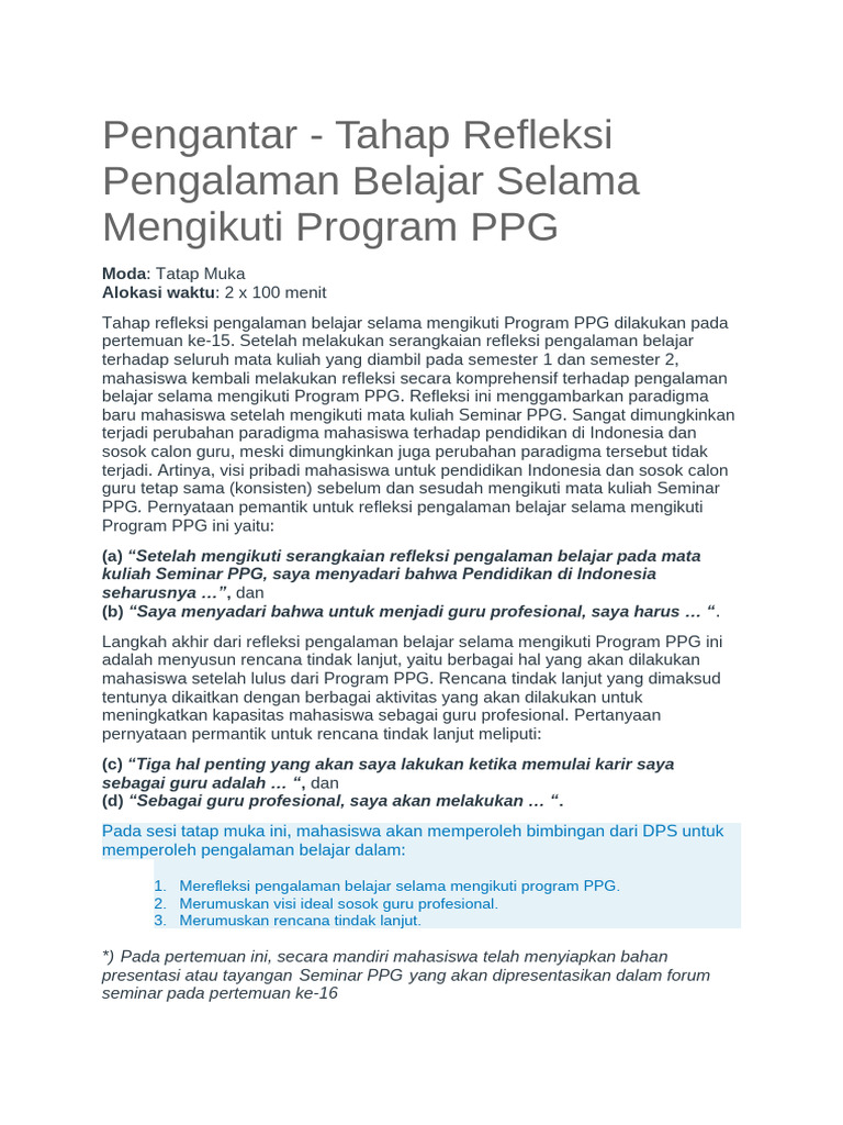 Tugas Tahap Refleksi Pengalaman Belajar Selama Mengikuti Program PPG | PDF